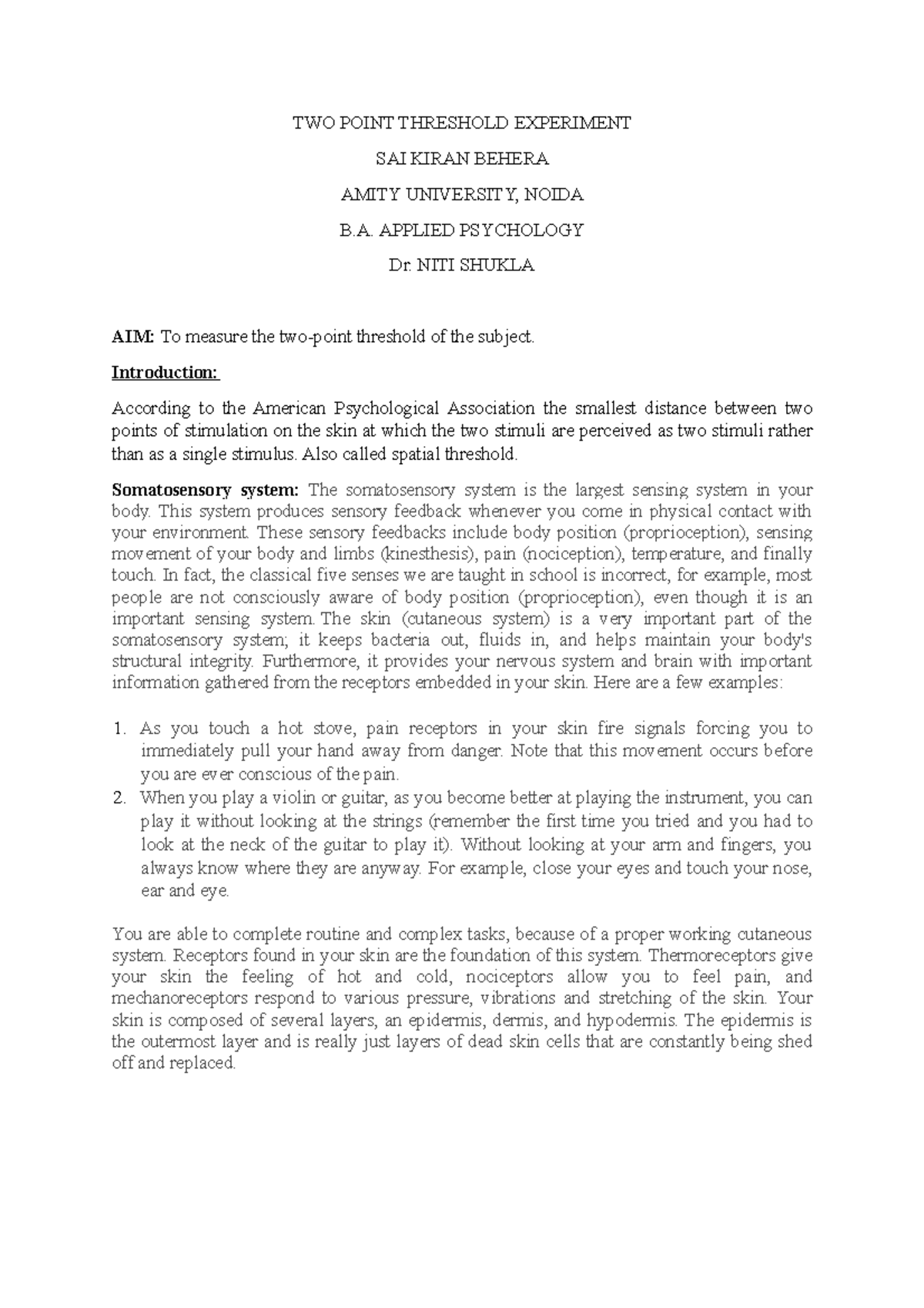 Expt psychology(two point threshold expt) SAI Kiran Behera A1506920484 ...