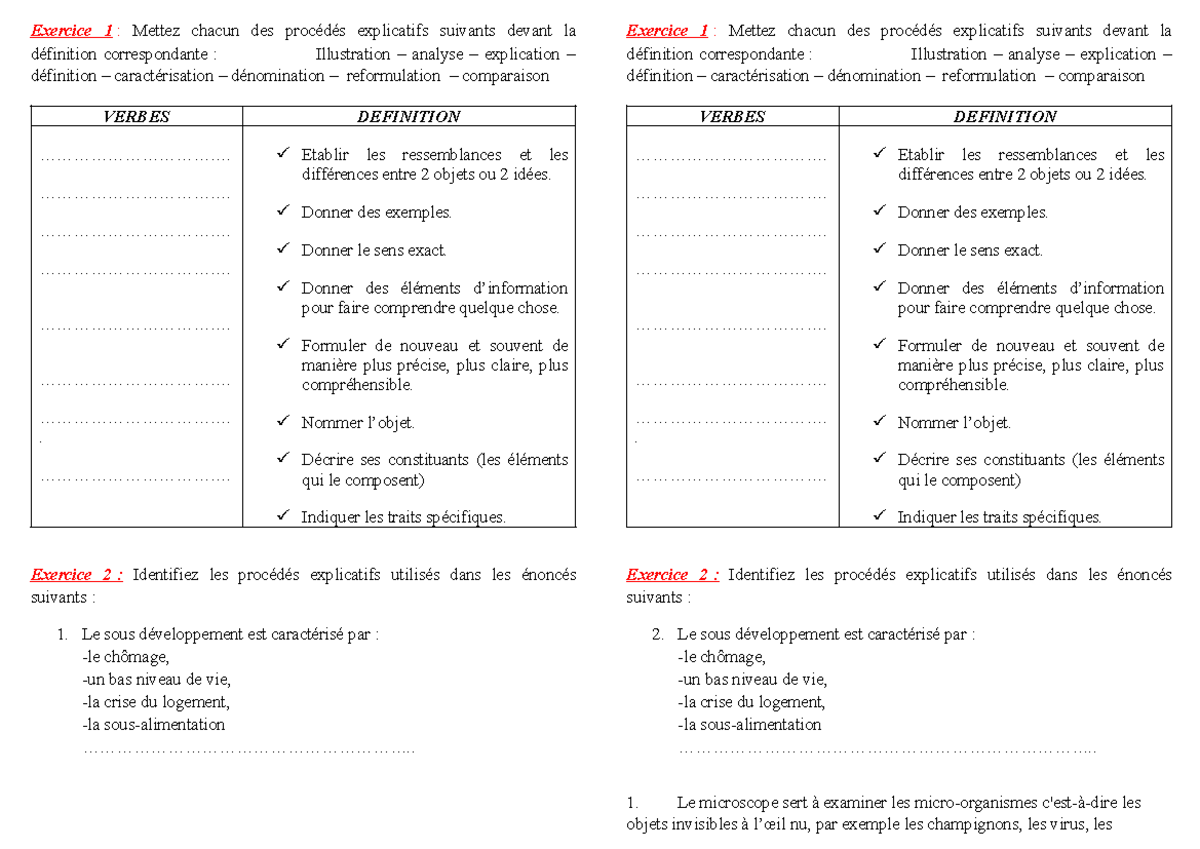 Exercices sur les Procédés Explicatifs et Verbes Définition - Studocu