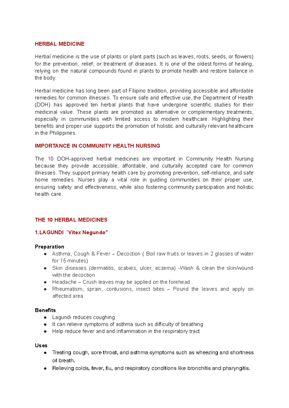 10 Herbal Medicine Notes for Community Health Nursing - Studocu