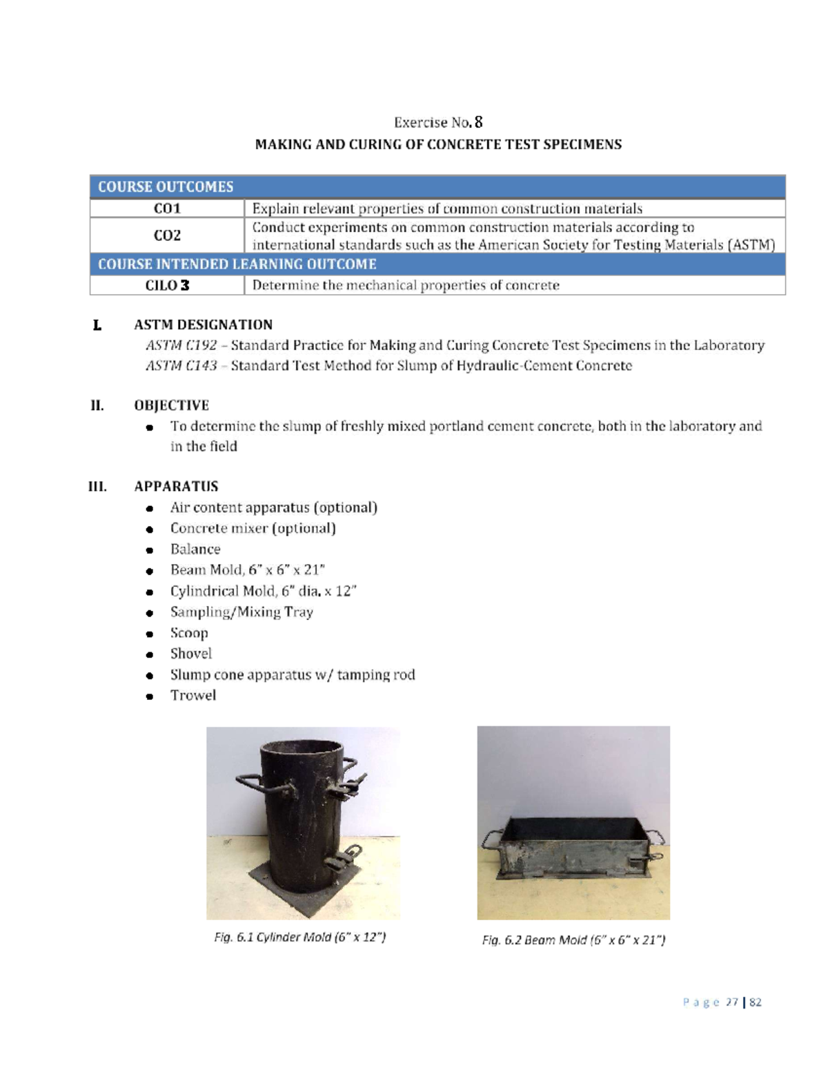 LAB - Exercise No. 8: Making and Curing Concrete Test Specimens - Studocu