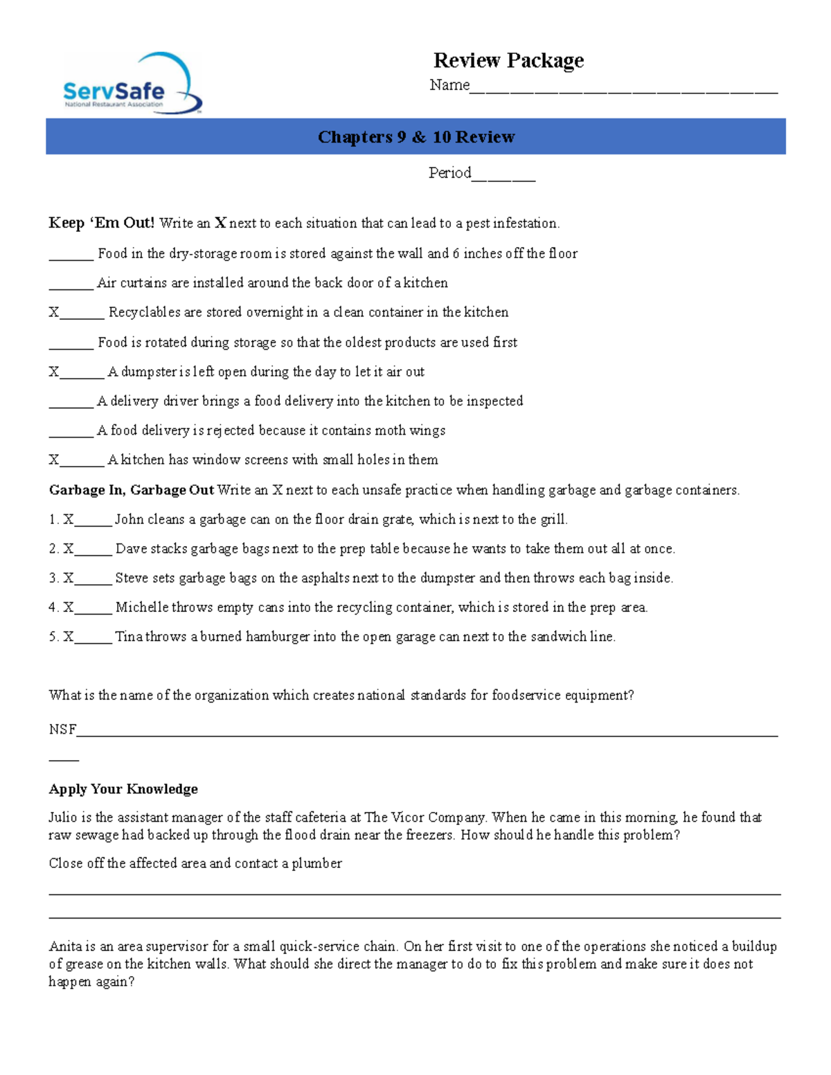 Review Package: Chapters 9 & 10 Servsafe Exam Prep - Studocu