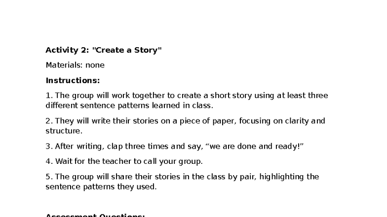 Activity 2: Create a Story Using Sentence Patterns - Studocu