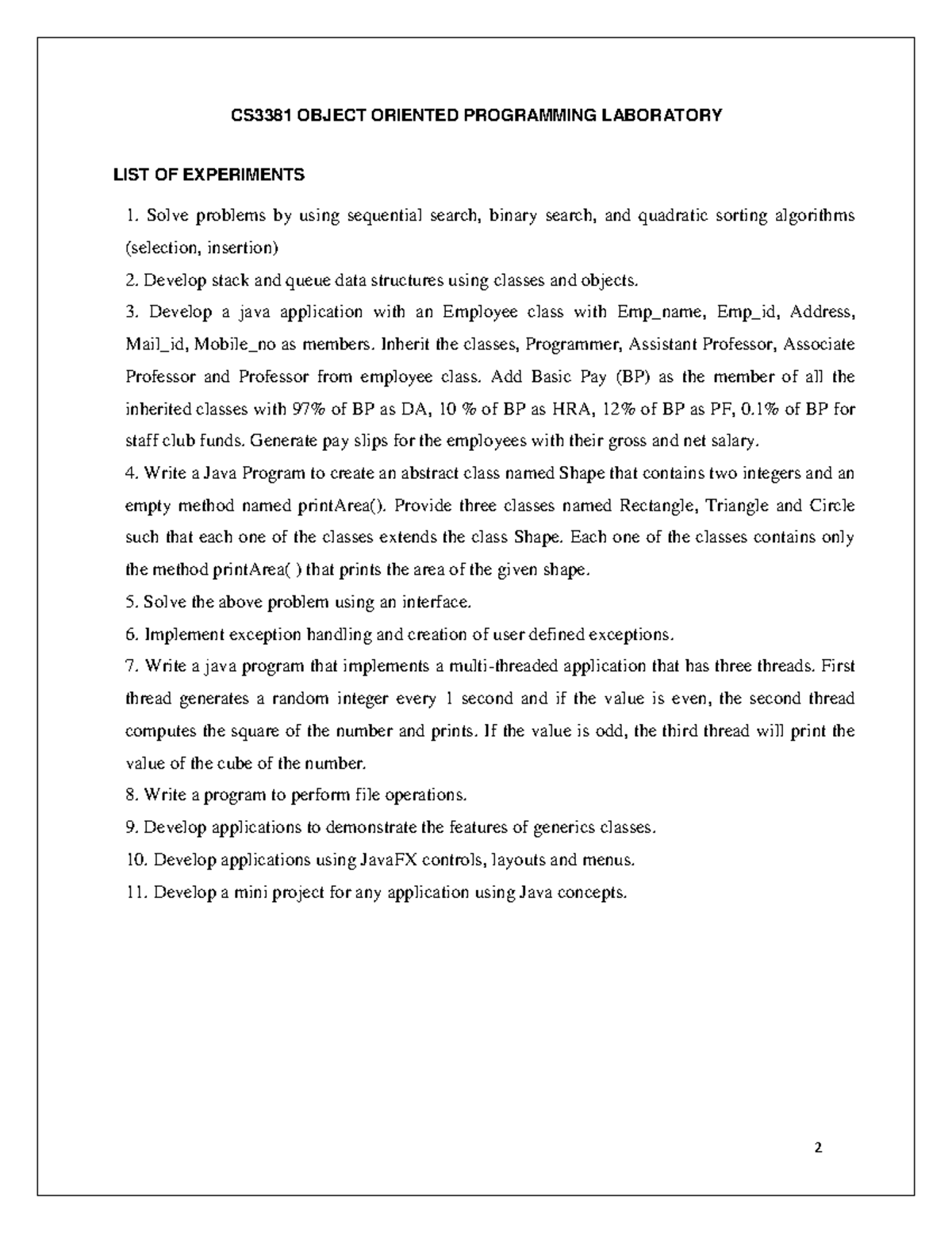 CS3391-OOPS LAB Experiment Manual for Java Programming - Studocu