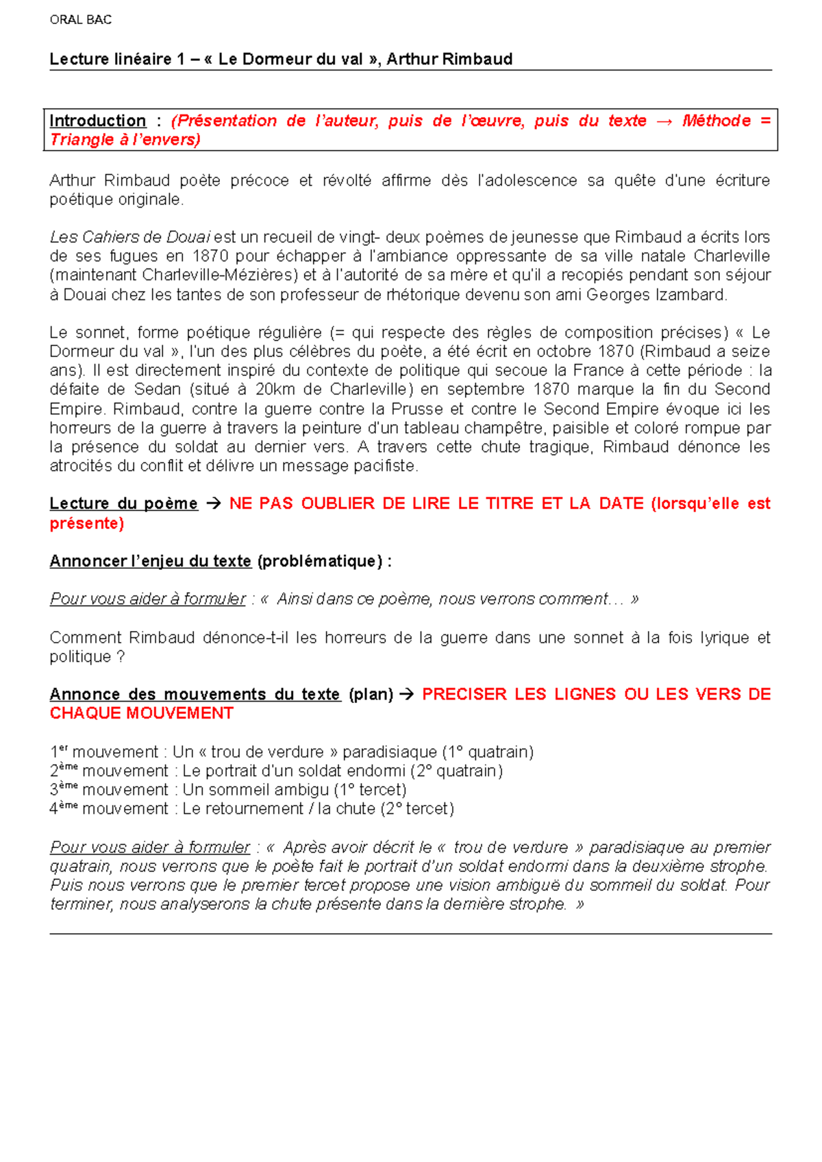 LL1 - Analyse linéaire du poème "Le Dormeur du val" d'Arthur Rimbaud ...