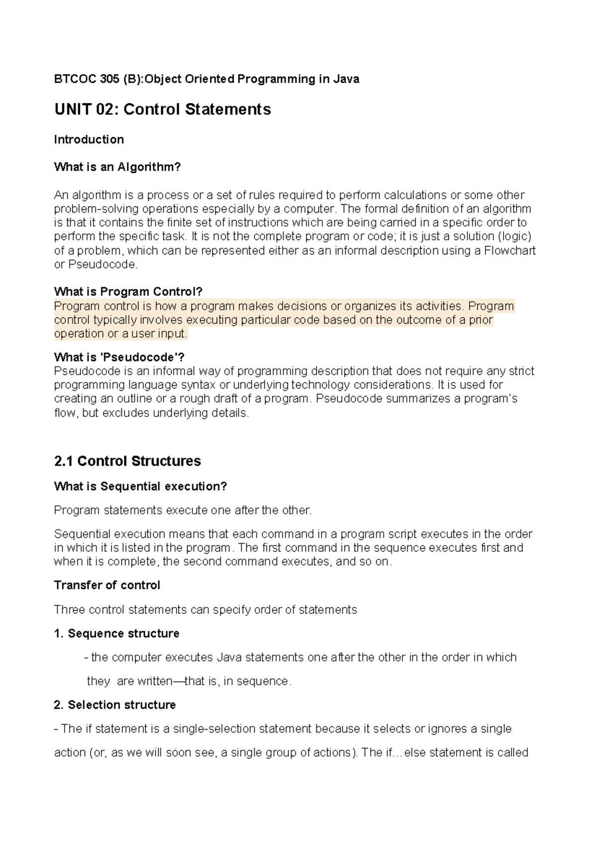 BTCOC 305 - JAVA UNIT 2: Control Statements Overview - Studocu