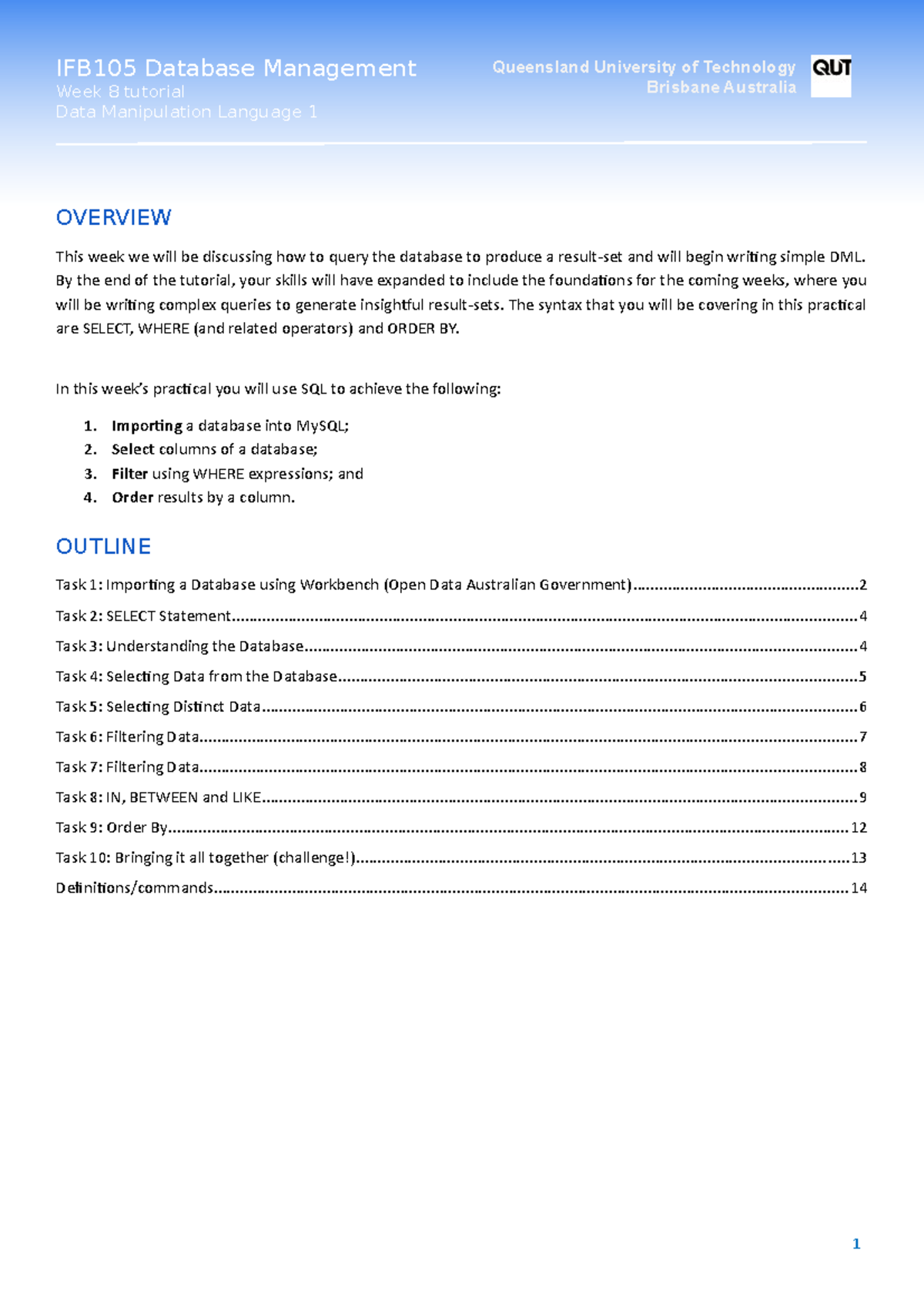 IFB105 week 8 tutorial worksheet - IFB105 Database Management Week 8 tutorial Data Manipulation ...
