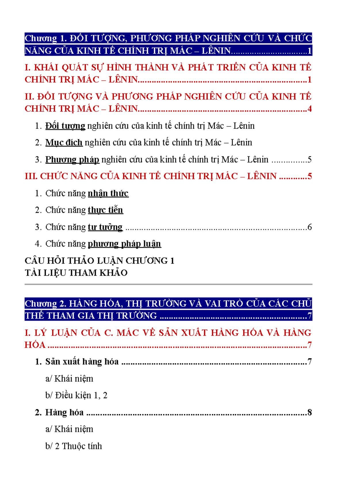 Mục Lục Kinh Tế Chính Trị Mác Lênin - Chương 1 đến Chương 6 - Studocu