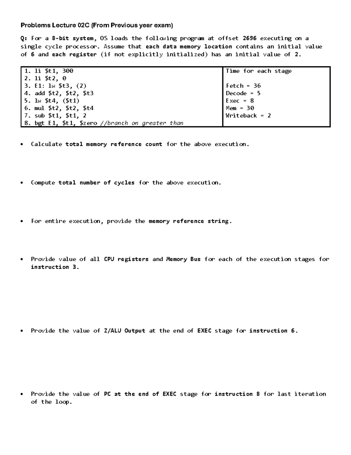 8-Bit Processor Execution Analysis: Problems Lecture 02C Insights - Studocu