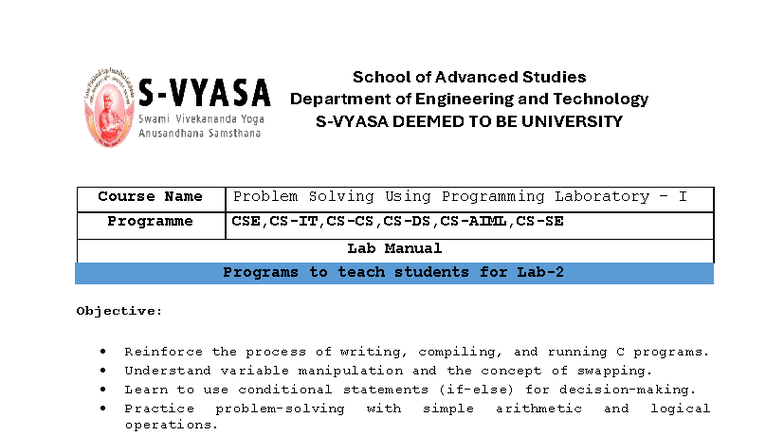 BTCS122 Lab Manual: C Programming Basics and Exercises - Studocu