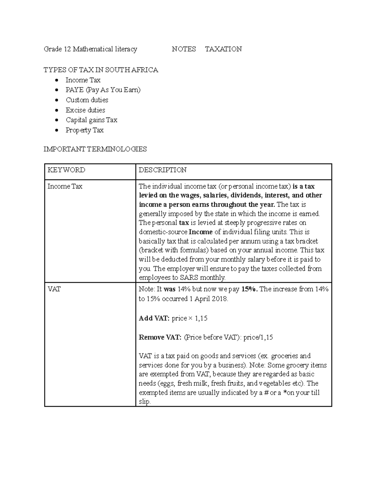 Taxation Notes - Key Definitions & Concepts for Grade 12 - Studocu