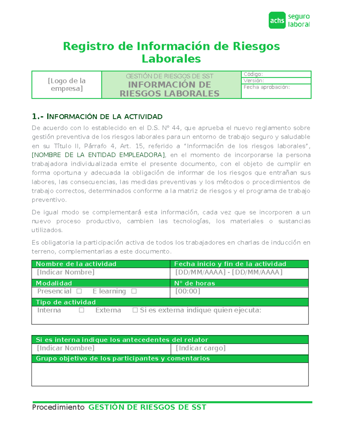 Registro de Información de Riesgos Laborales - SST Code: D.N° 44 - Studocu