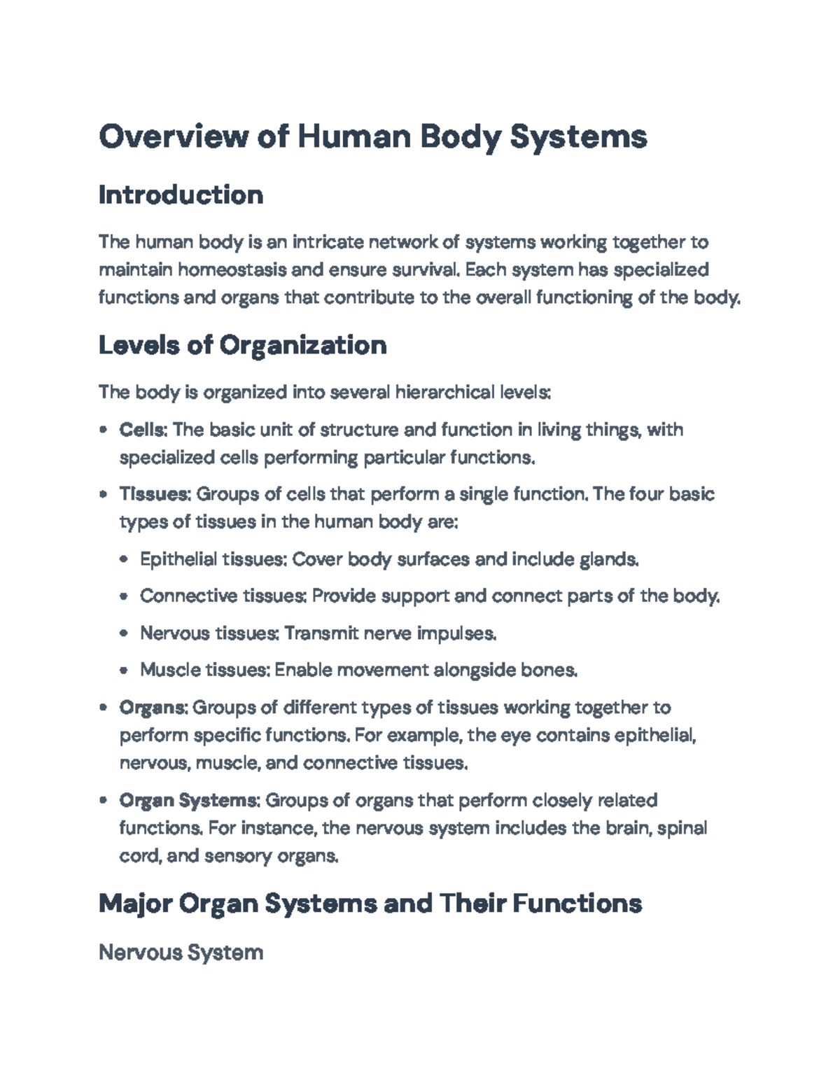 Overview of Human Body Systems: Structure, Functions, and Organs ...