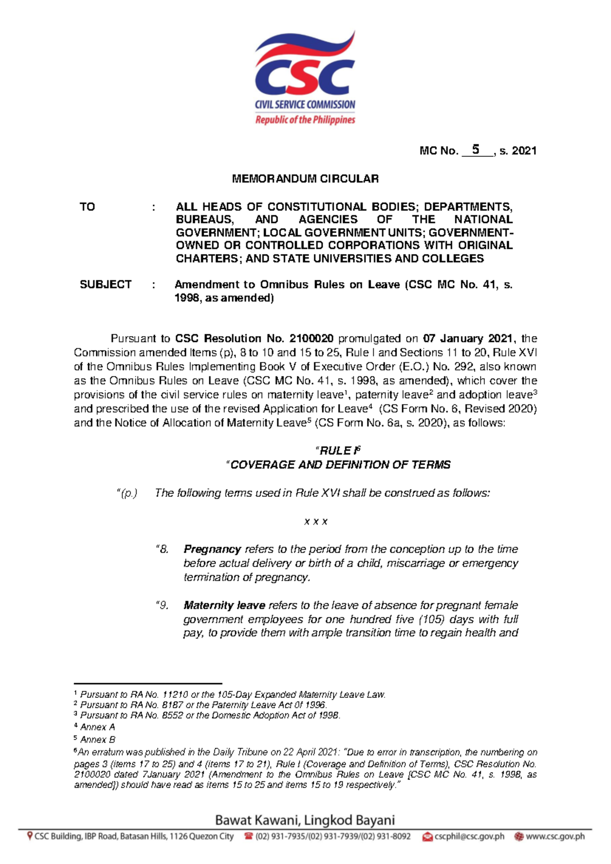 Amendment to CSC MC No. 41, s. 1998: Rules on Leave Update - Studocu