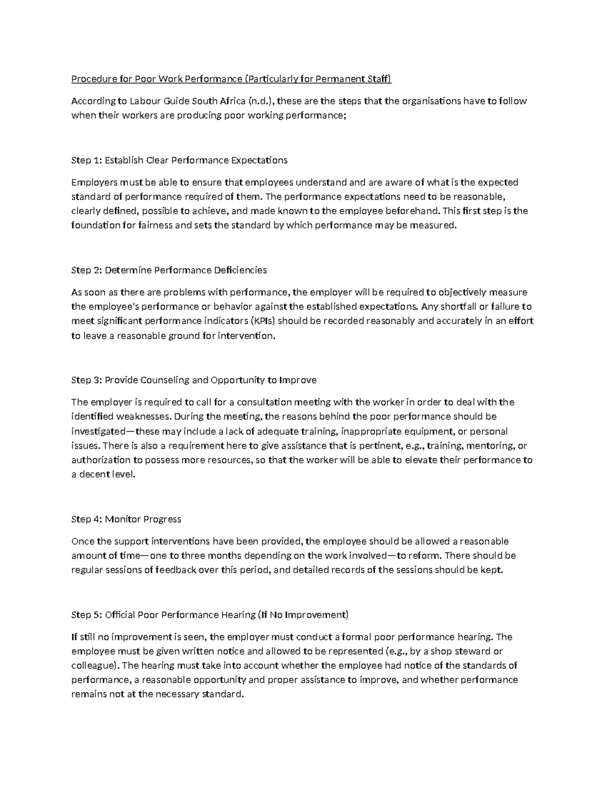 Title: Procedures for Addressing Poor Work Performance (Labour Guide SA ...