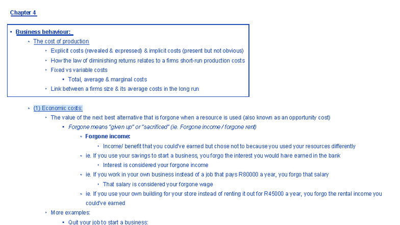 Chapter 4 Notes - Chapter 4 Business behaviour: The cost of production ...