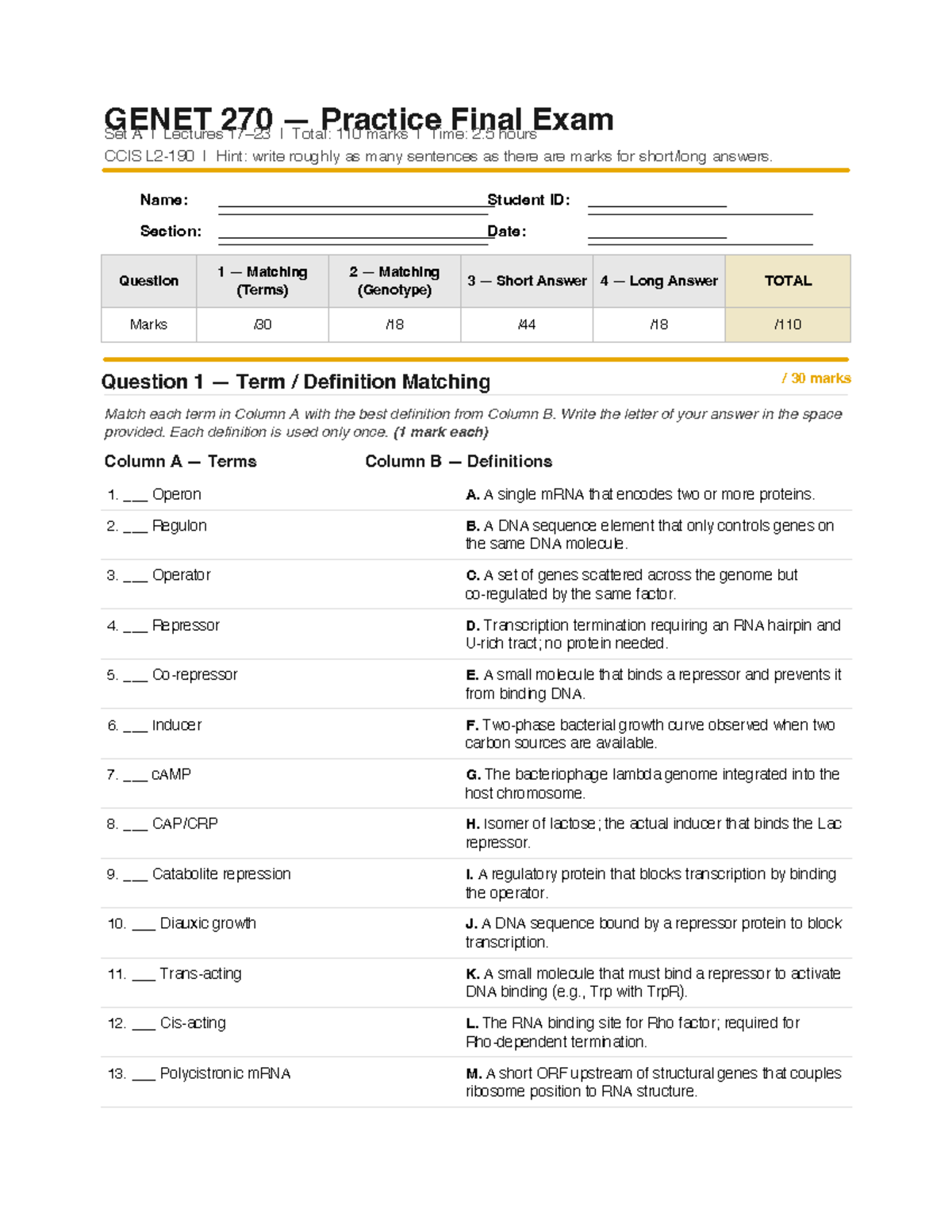 Genet 270 Practice Final Exam Set A: Comprehensive Review Guide - Studocu