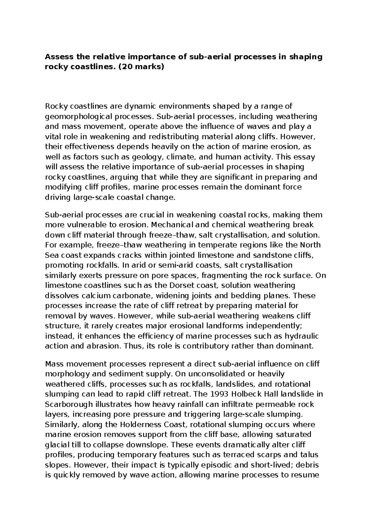 Assessing the Role of Sub-Aerial Processes in Rocky Coastlines - Studocu