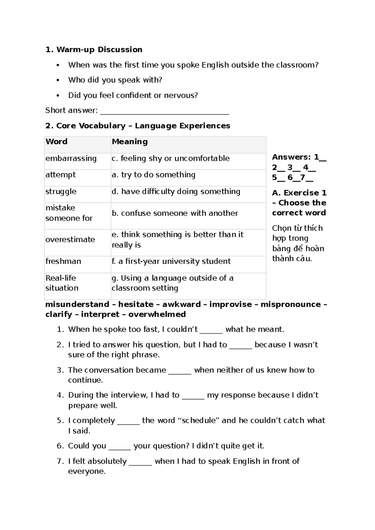 Speaking IELTS NGÂN 11 - Language Experiences & Vocabulary Exercises ...