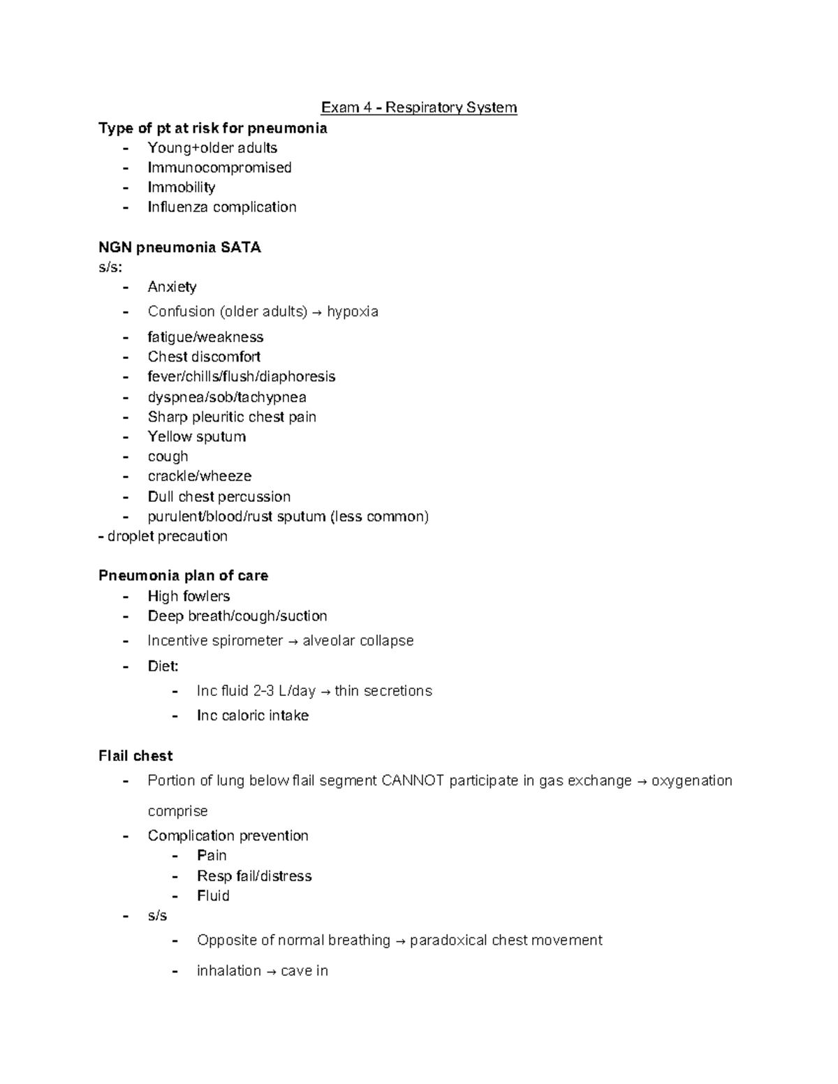 Exam 4 Key Points: Respiratory System & Pneumonia Management Notes ...