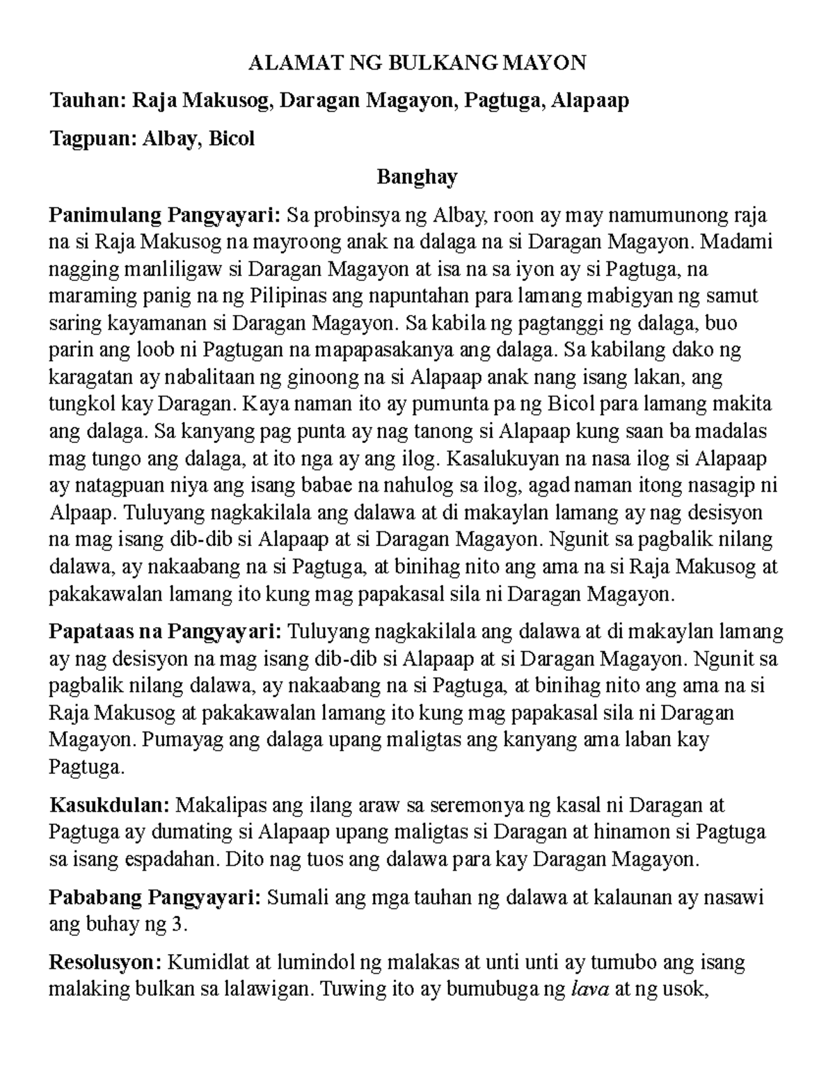 Alamat NG Bulkang Mayon - ALAMAT NG BULKANG MAYON Tauhan: Raja Makusog, Daragan Magayon, Pagtuga ...