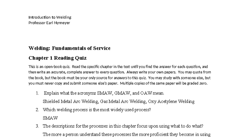 Reading Quiz 1 - Science quiz - Introduction to Welding Professor Earl ...