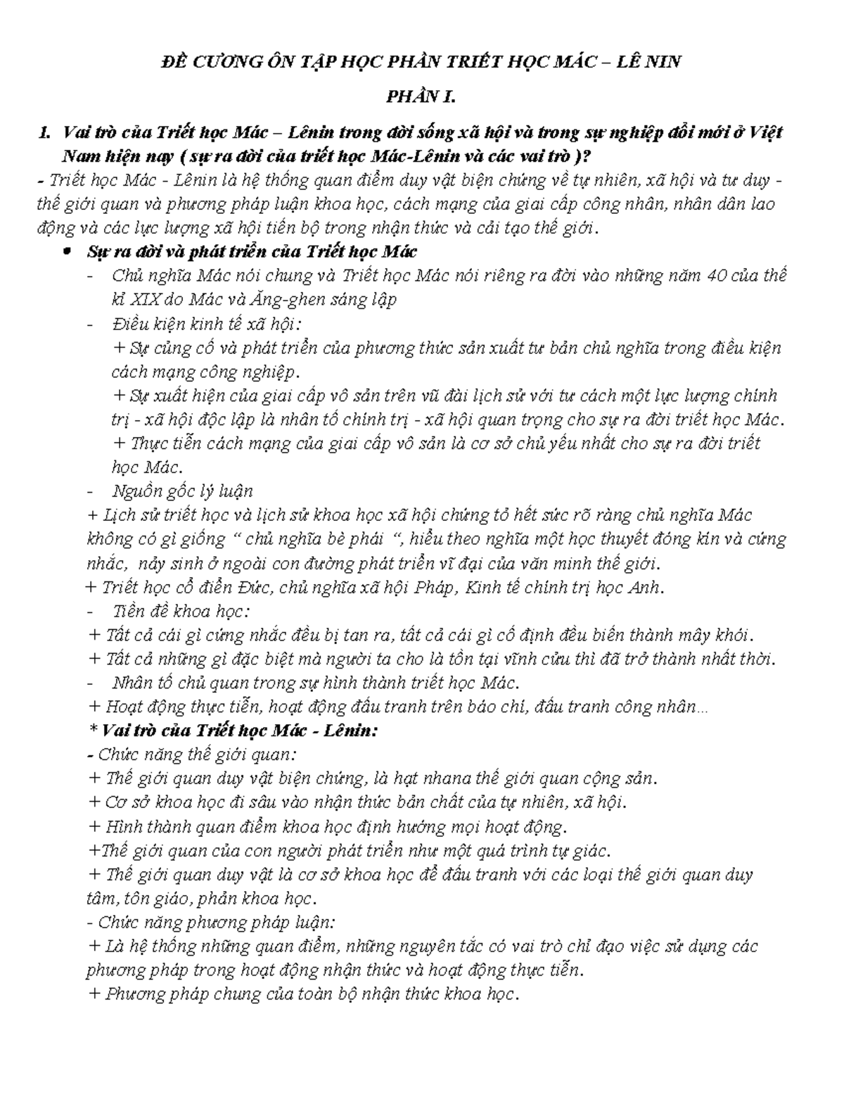 ĐỀ CƯƠNG ÔN TẬP HỌC PHẦN TRIẾT HỌC MÁC LÊNIN - PHẦN I - Studocu