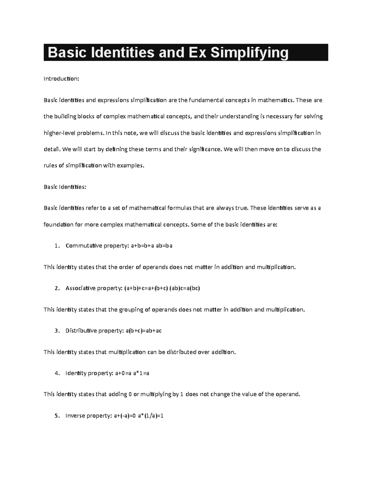 Basic Identities and Ex Simplifying - Basic Identities and Ex Simplifying Introduction: Basic ...