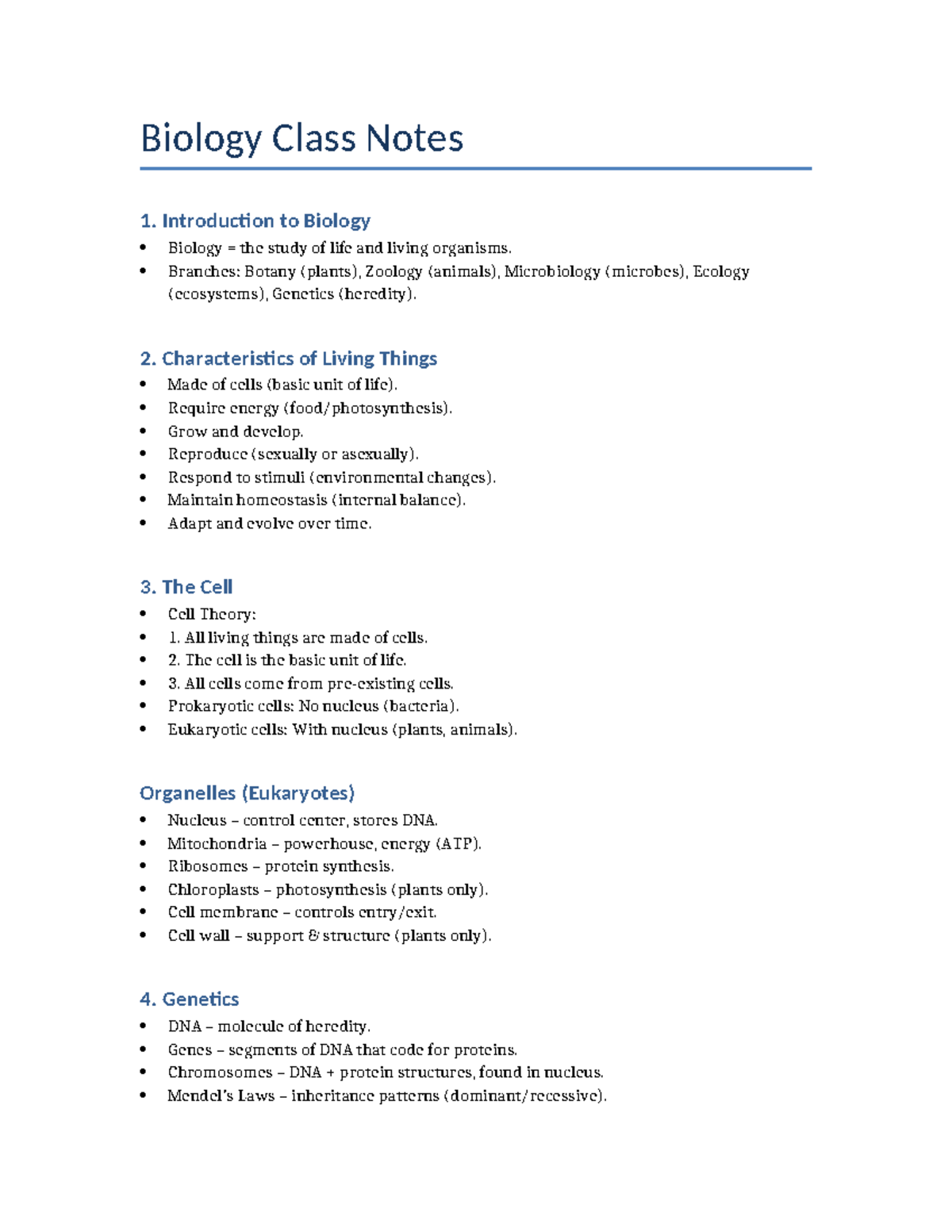 Biology 101: Introductory Class Notes on Life and Cells - Studocu