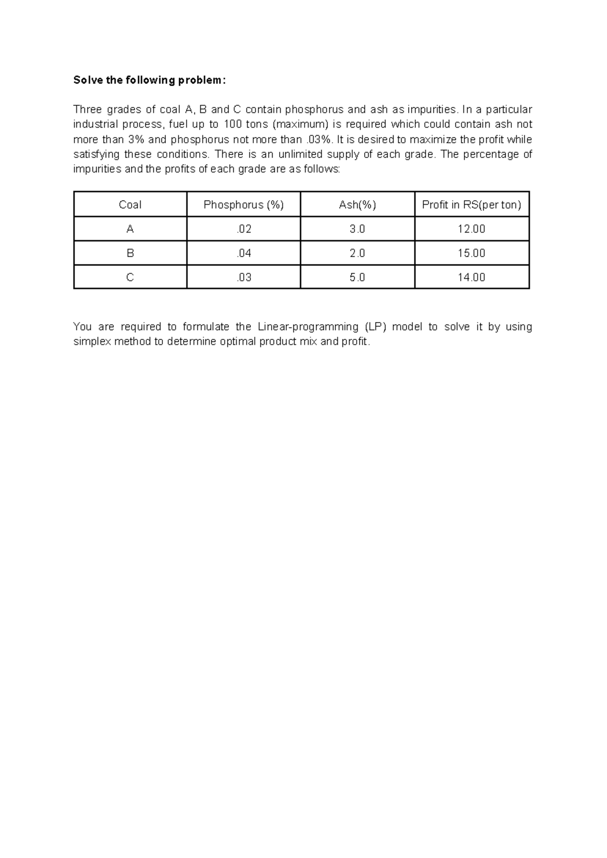 Simplex Method for LP Model: Coal Grades A, B, C Optimization - Studocu