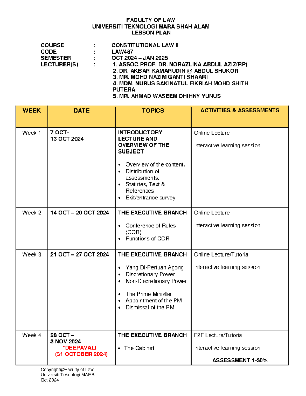OKT 2024 Lesson PLAN FOR LAW487 - ####### Copyright@Faculty of Law ...