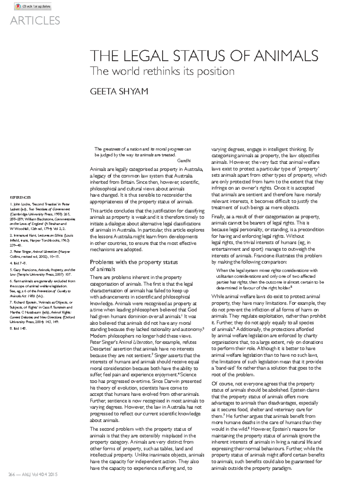 Shyam 2016: Rethinking the Legal Status of Animals in Australia - Studocu