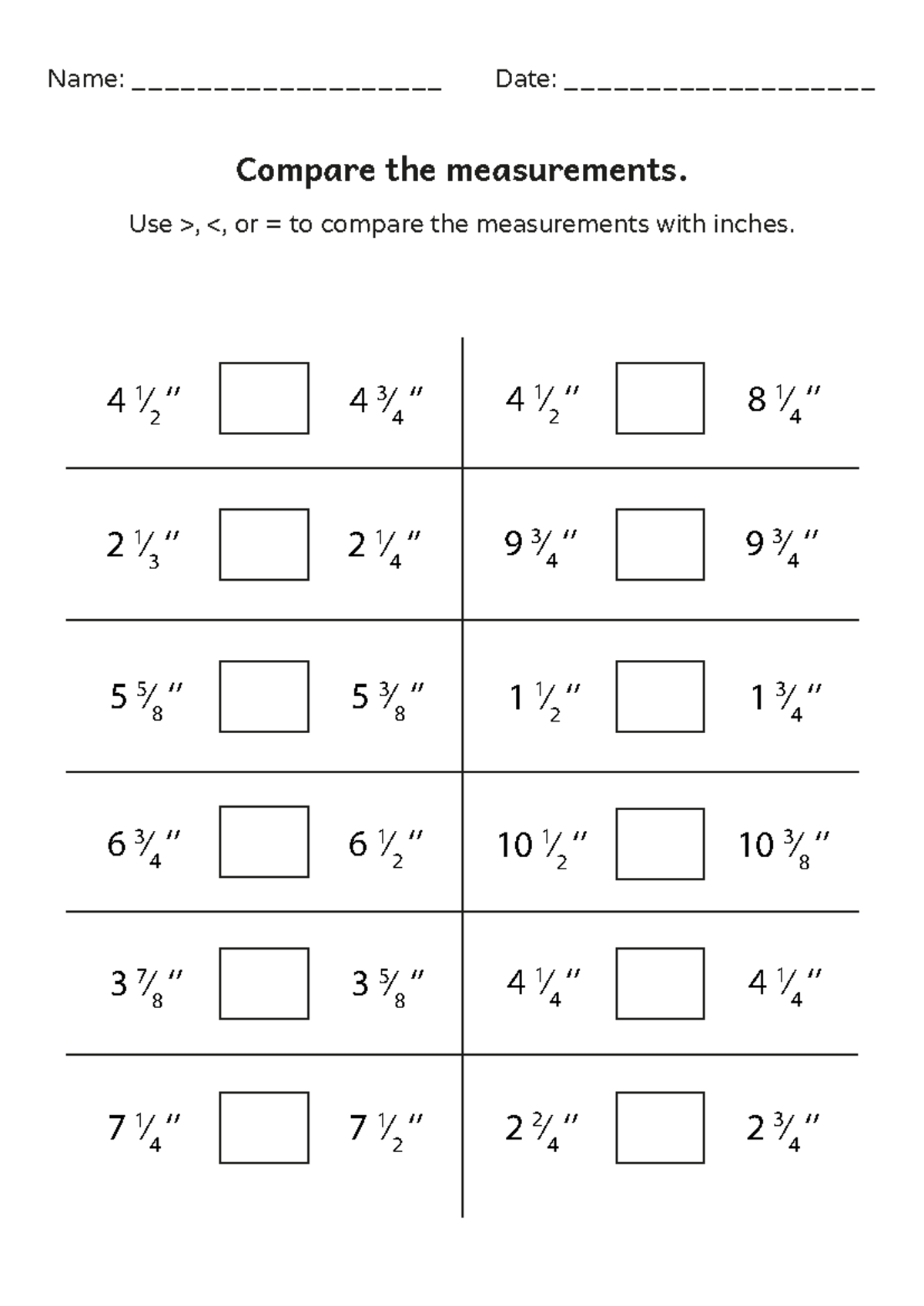 Comparing Measurements - 3rd Grade Worksheet - Name ...