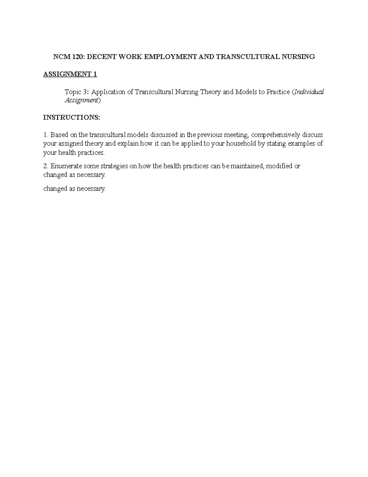 NCM 120: Transcultural Nursing Theory Application in Practice - Studocu