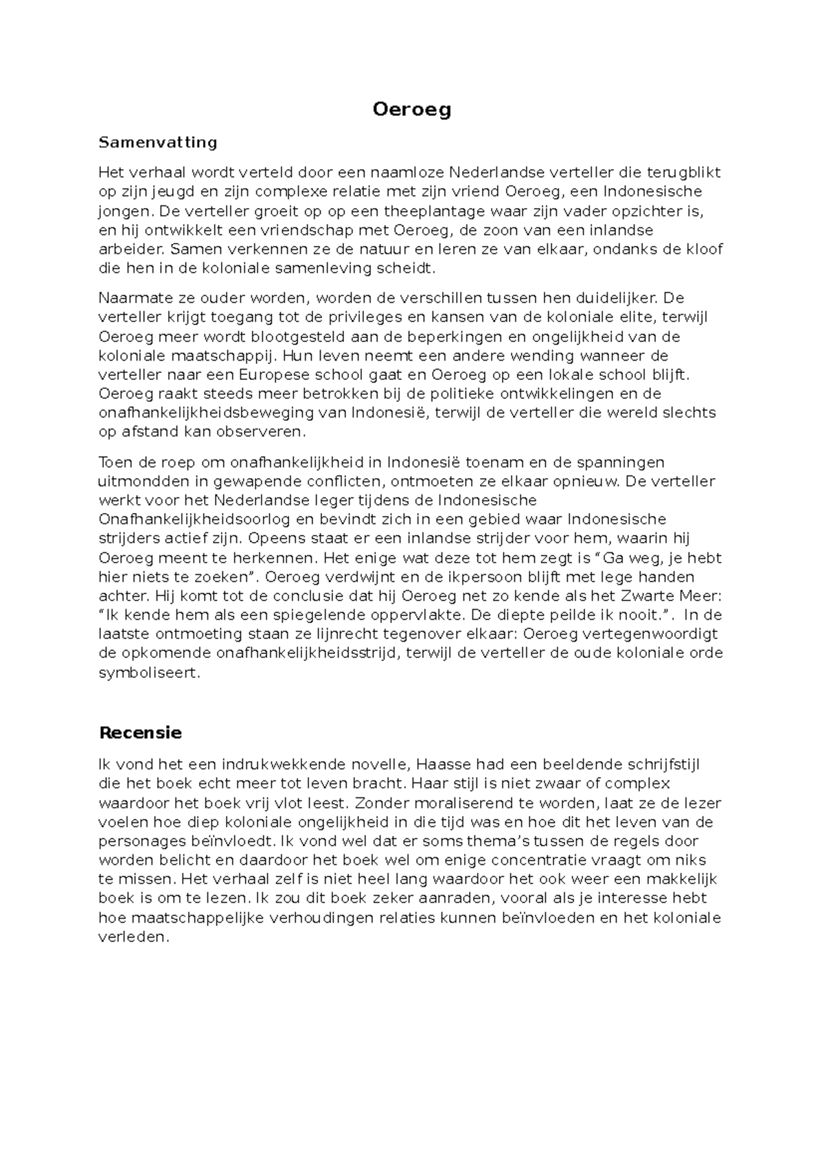 Oeroeg - Samenvatting en Recensie van de Novelle - Studeersnel