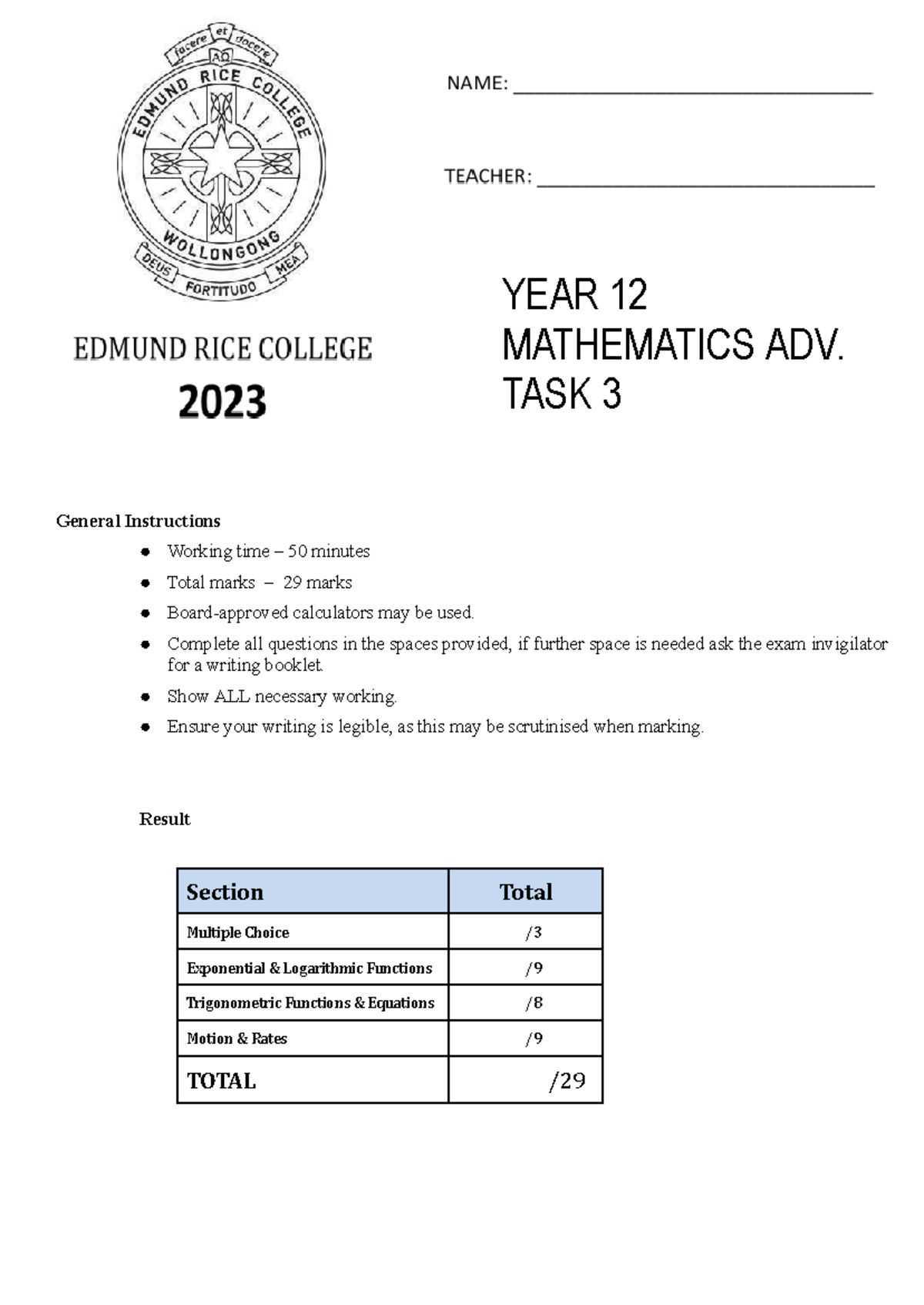 YEAR 12 MATHEMATICS ADV. TASK 3 Revision Notes for 2023 HSC - Studocu