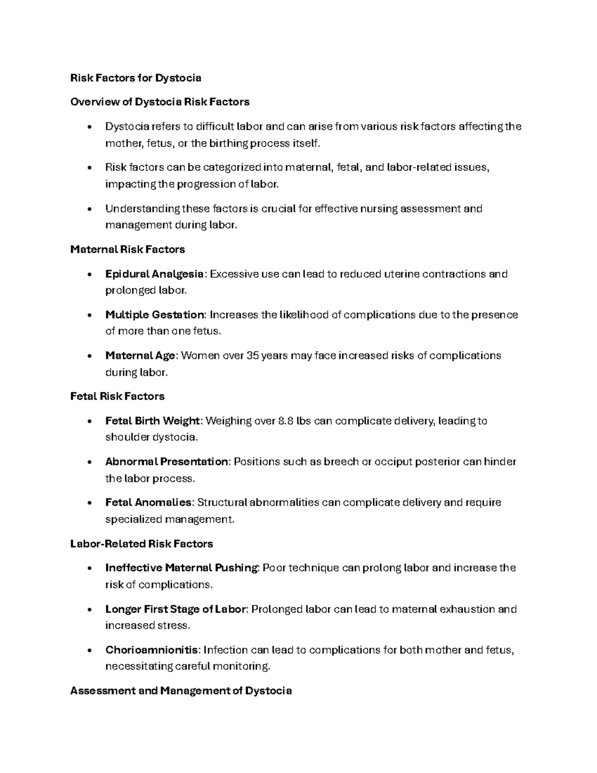 Ch 21: Risk Factors for Dystocia in Labor and Birth Management - Studocu