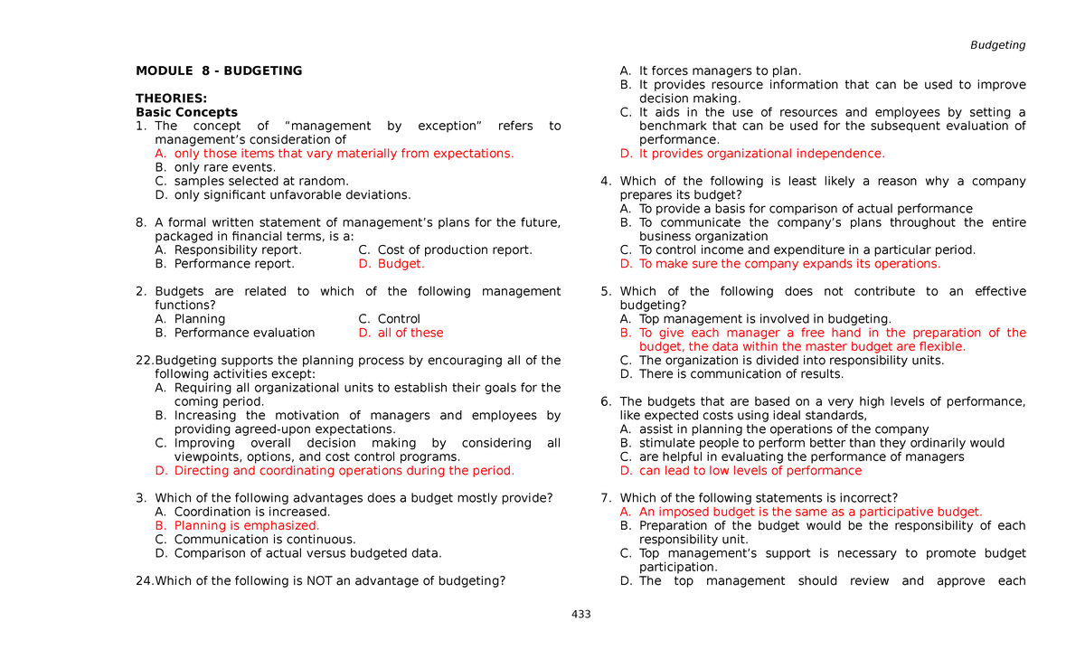 X08 Budgeting - Key Concepts and Exercises Overview - Studocu