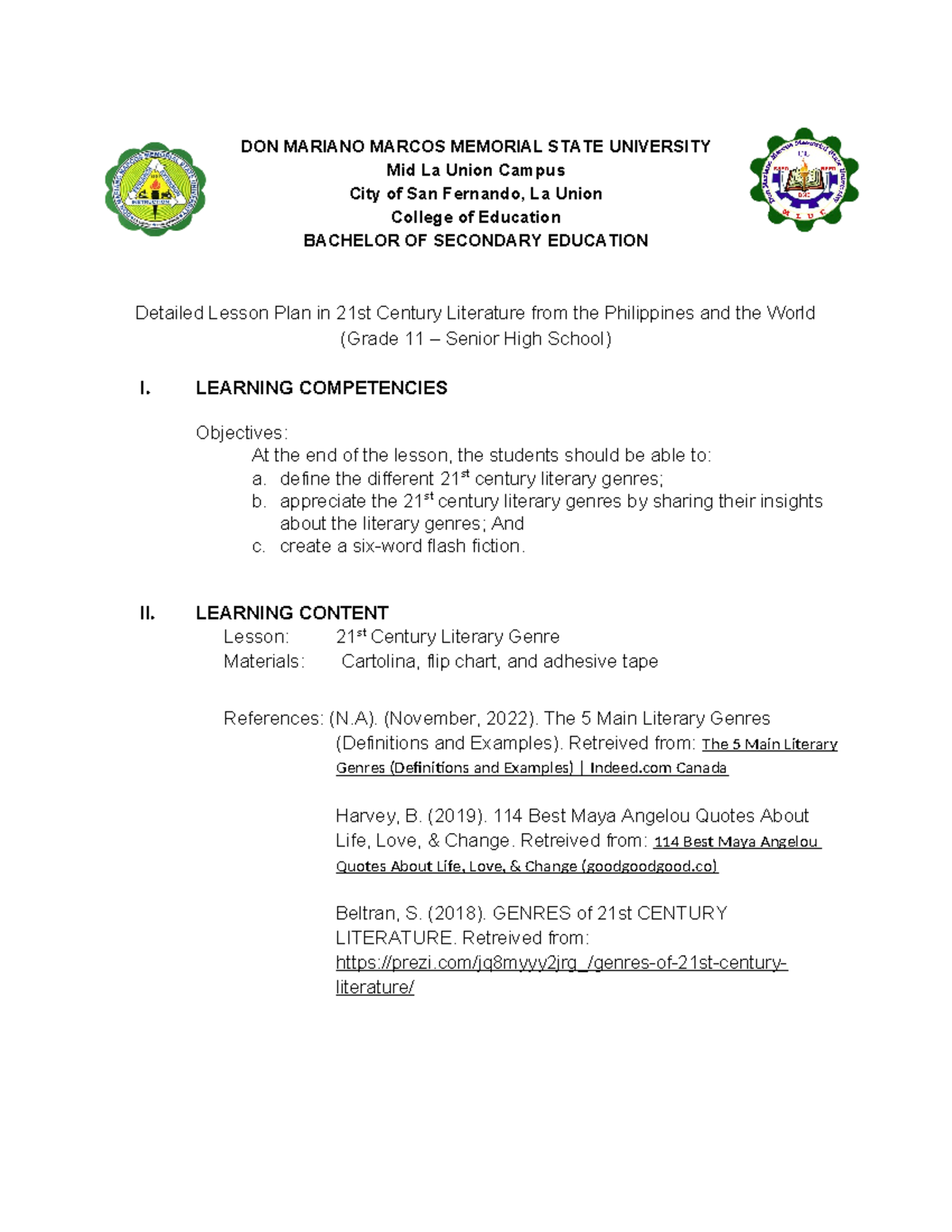 Detailed Lesson Plan: 21st Century Literary Genres (Grade 11) - Studocu