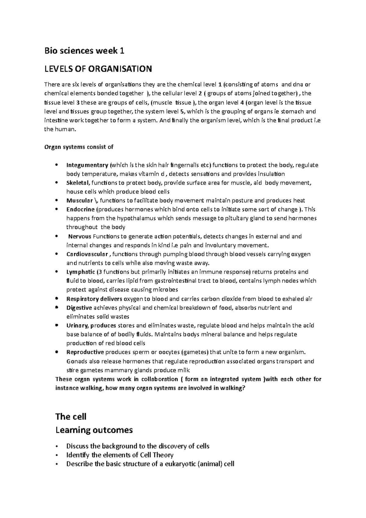 Bio sciences - lecture notes - Bio sciences week 1 LEVELS OF ...