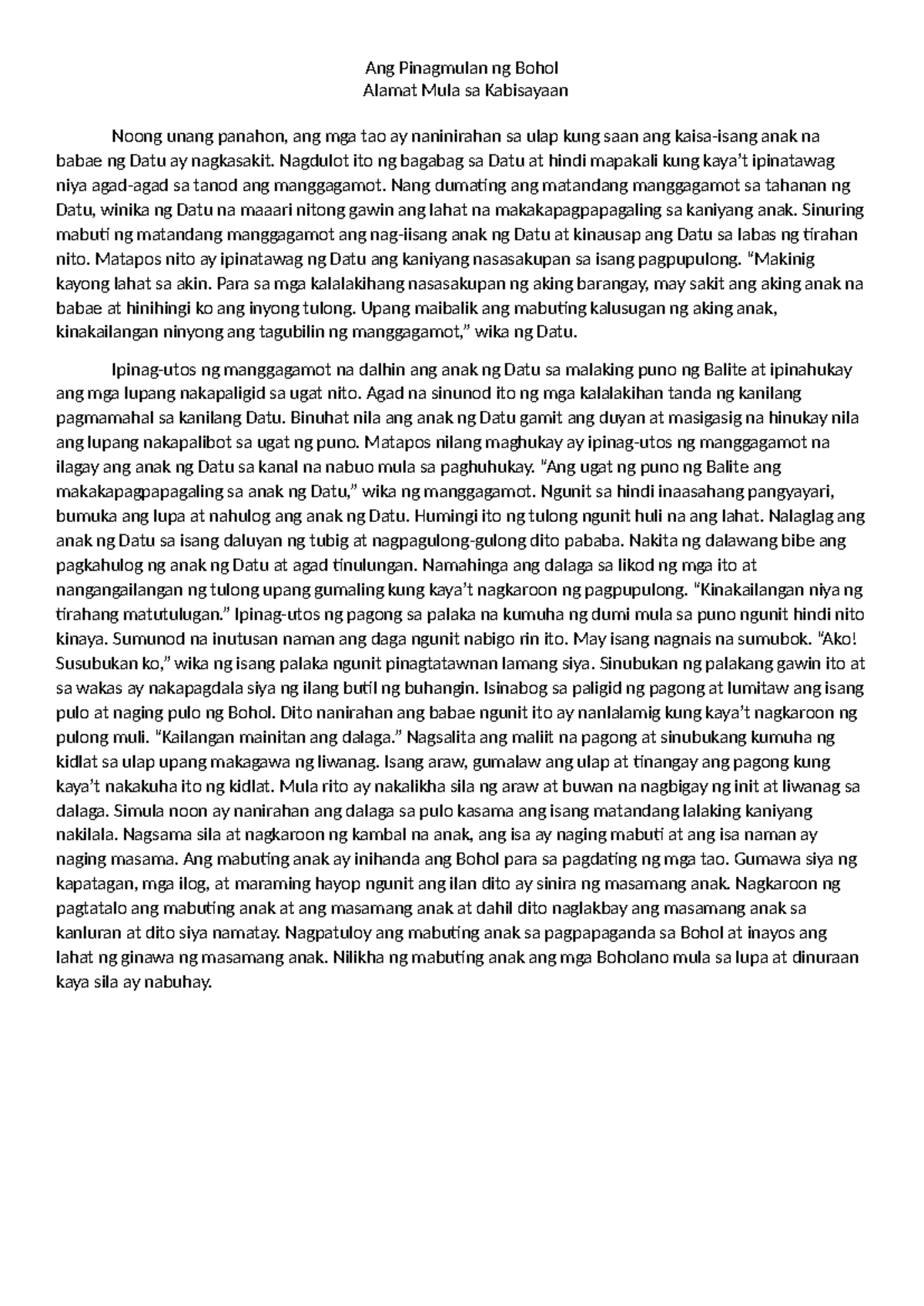 Pinagmulan ng Bohol: Alamat at Kuwento ng Kabisayaan - Studocu