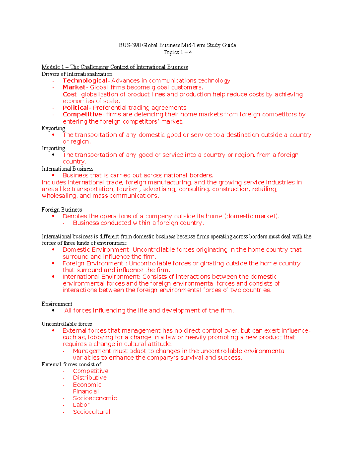 BUS390 Midterm Study Guide: Global Business Concepts and Contexts - Studocu
