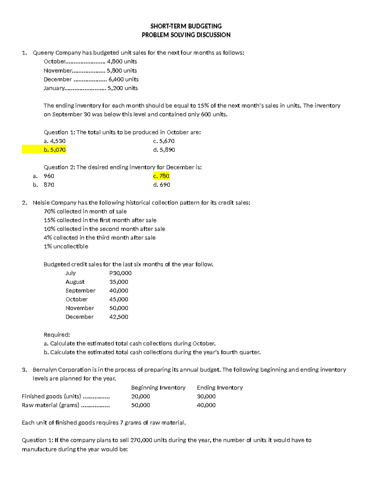 PSD - Short-Term Budgeting Review and Problem Solving Analysis - Studocu