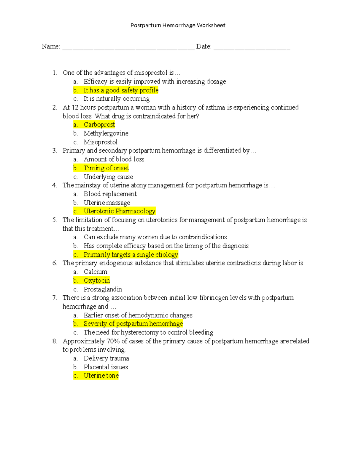 PPH Worksheet - Postpartum Hemorrhage Study Guide - Studocu