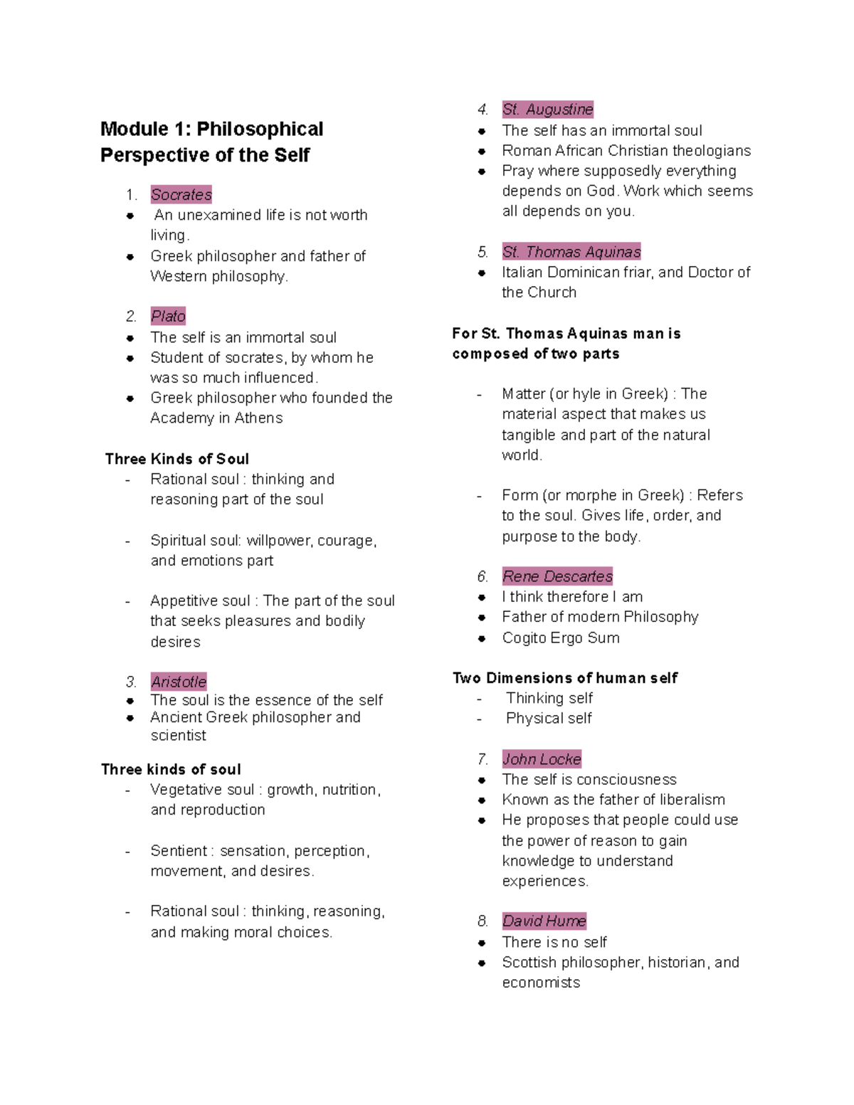 Module 1: Understanding the Philosophical Self - Review Notes - Studocu