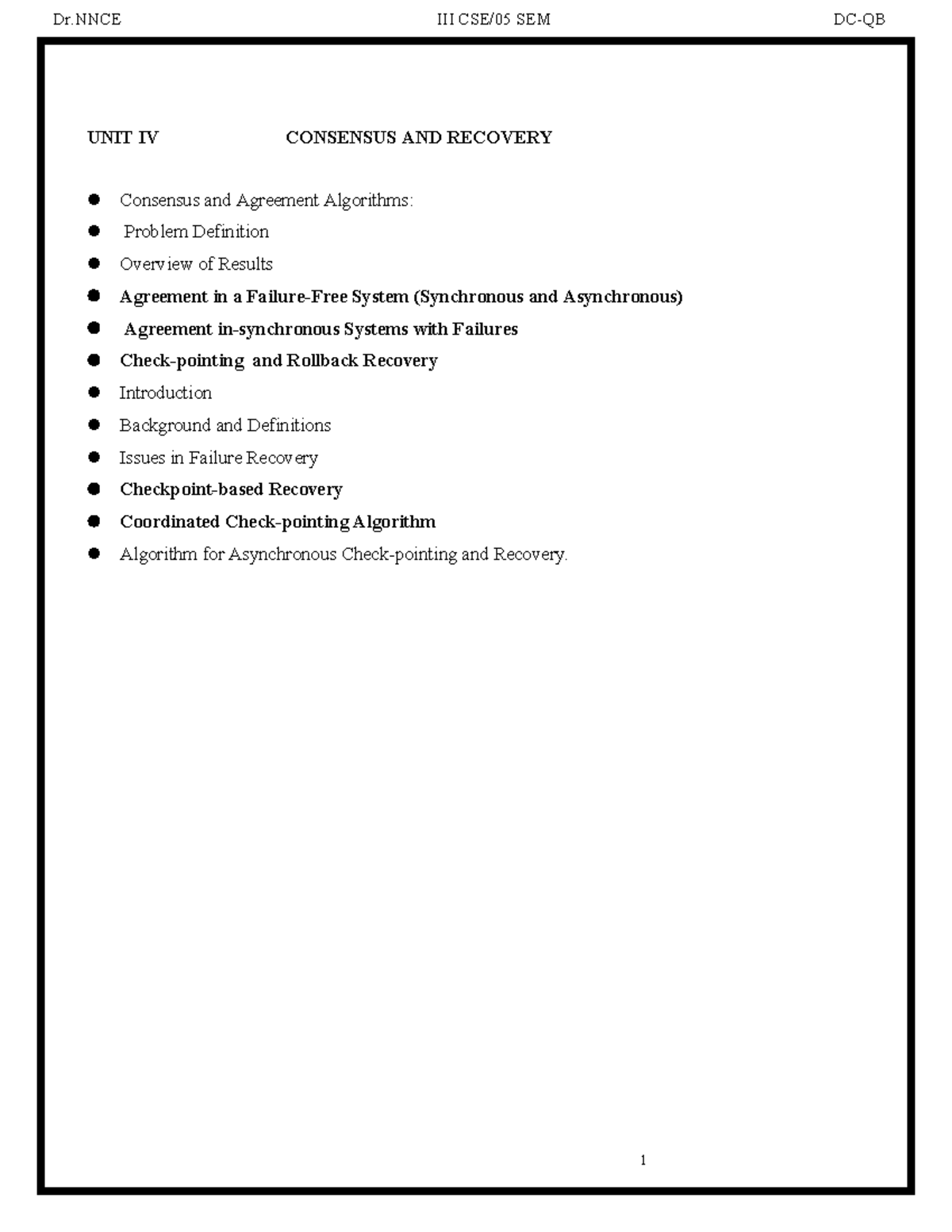 Dr.NNCE SEM 1 Unit IV: Consensus & Recovery in Distributed Systems ...