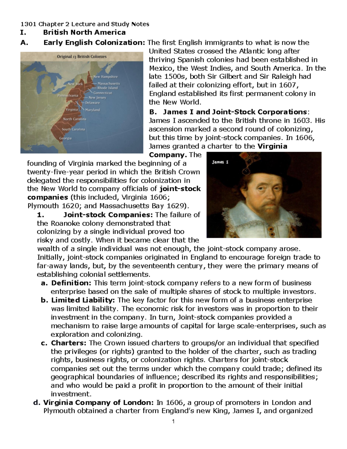 1301 Chapter 2 Lecture Notes: Early American Colonization Insights ...