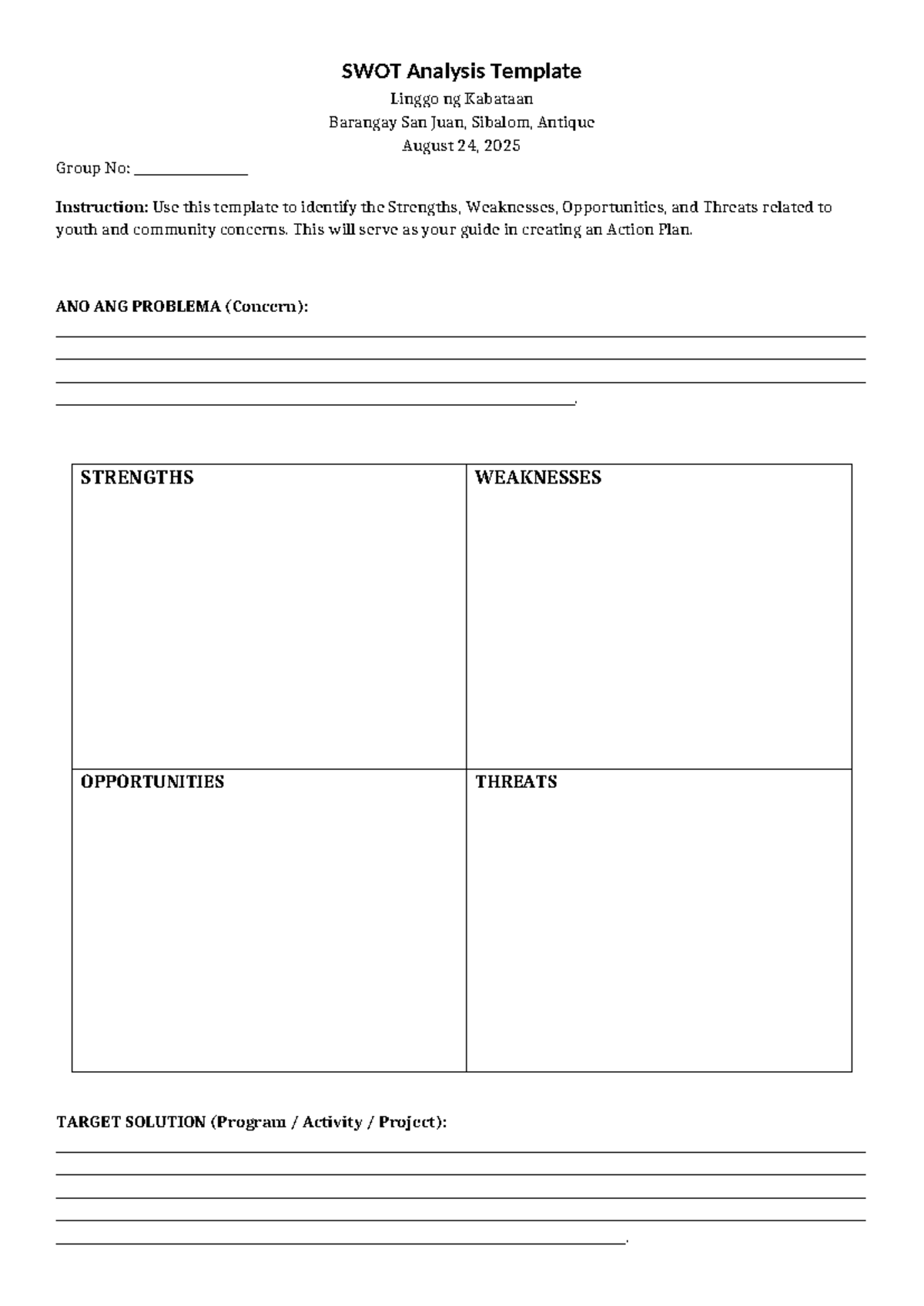SWOT Analysis Template Linggo ng Kabataan Brgy San Juan - SWOT Analysis ...