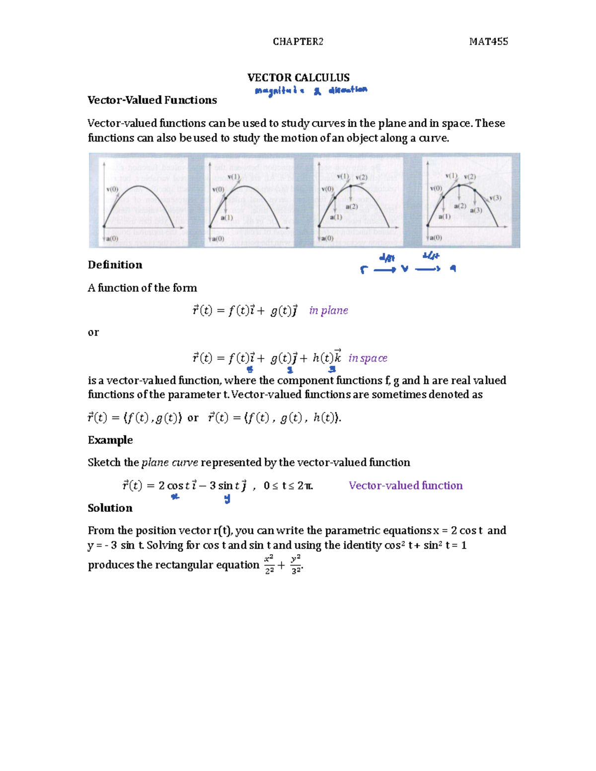 CHAPTER 2 MAT455 VECTOR CALCULUS: Functions, Curves, and Fields - Studocu