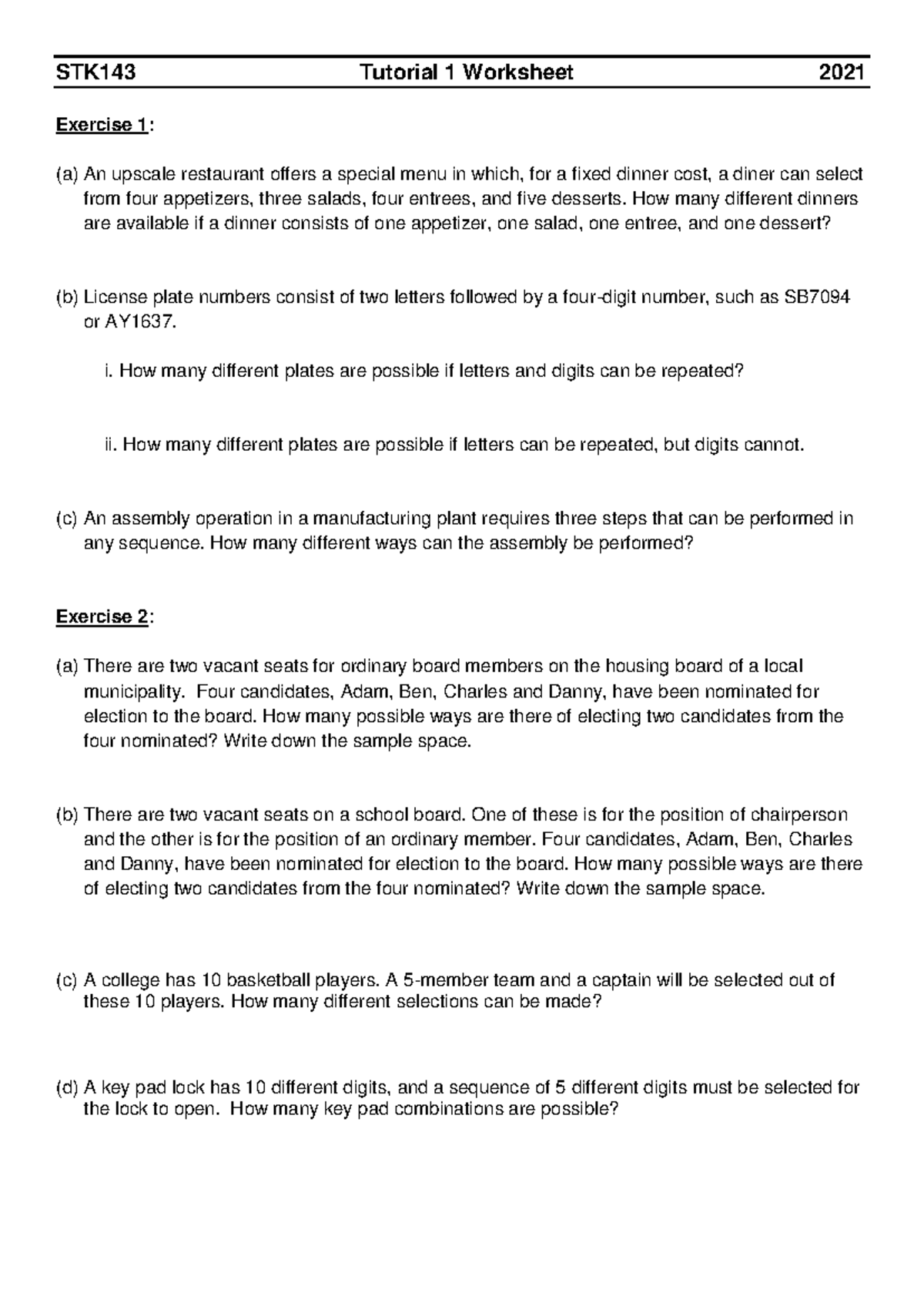 STK143 - Tutorial 1 Worksheet - 2021 - STK14 3 Tutorial 1 Worksheet ...