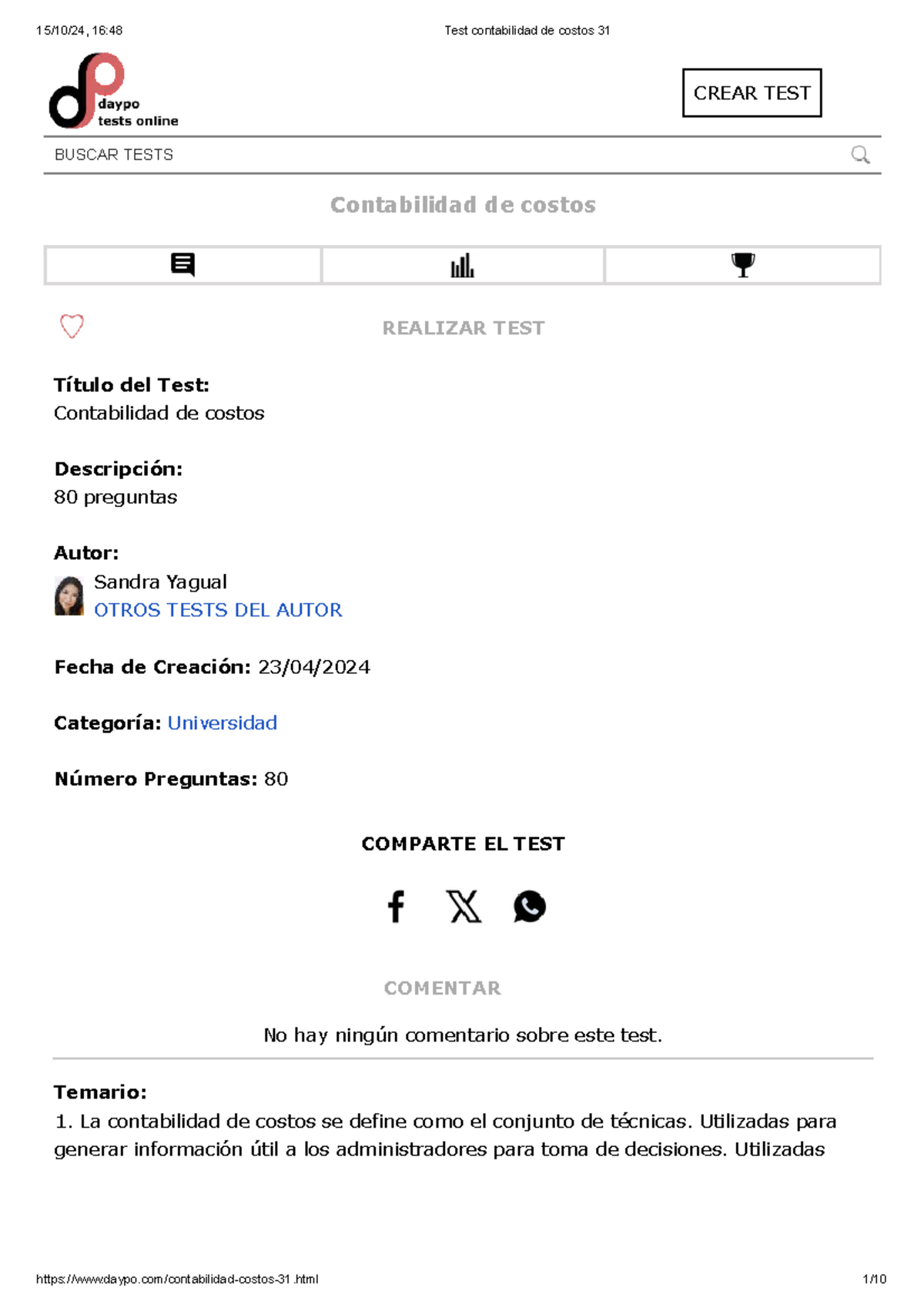 Test de Contabilidad de Costos 31 - 80 Preguntas - Studocu